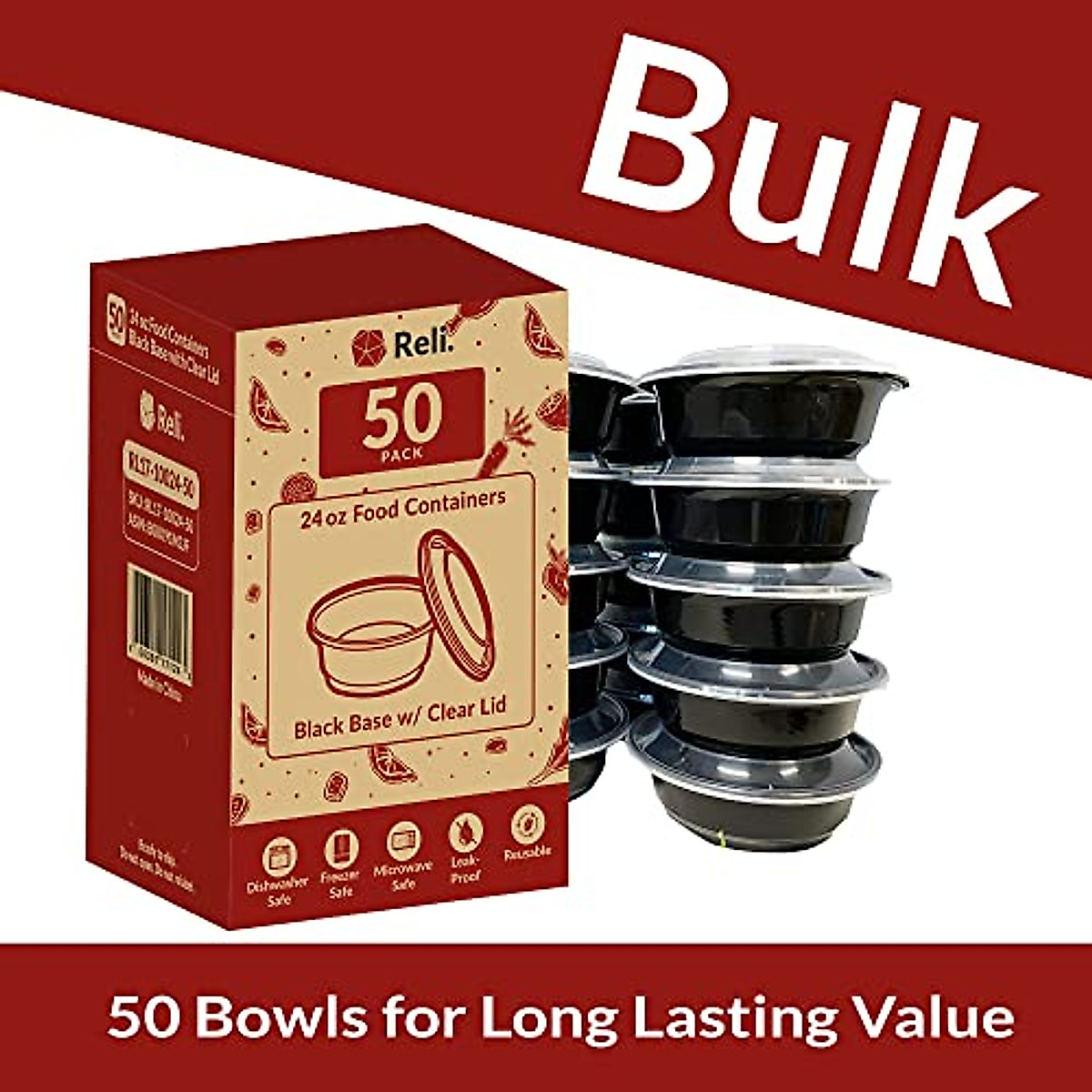 Reli. Meal Prep Container Bowls, 24 oz. | 50 Pack | Round Meal Prep Containers with Lids | Reusable 24 oz Bowls/Food Containers | Microwavable Bowls with Lids, Black Food Storage Containers | Black