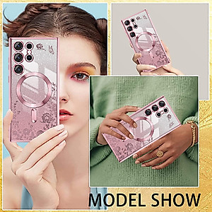 LSL Magnetic Case for Samsung Galaxy S23 Ultra with Camera Protection [Compatible with MagSafe][Strong Magnetic] Luxury Plating Soft TPU Shockproof Glitter Flower Phone Case for Women Girls, Pink