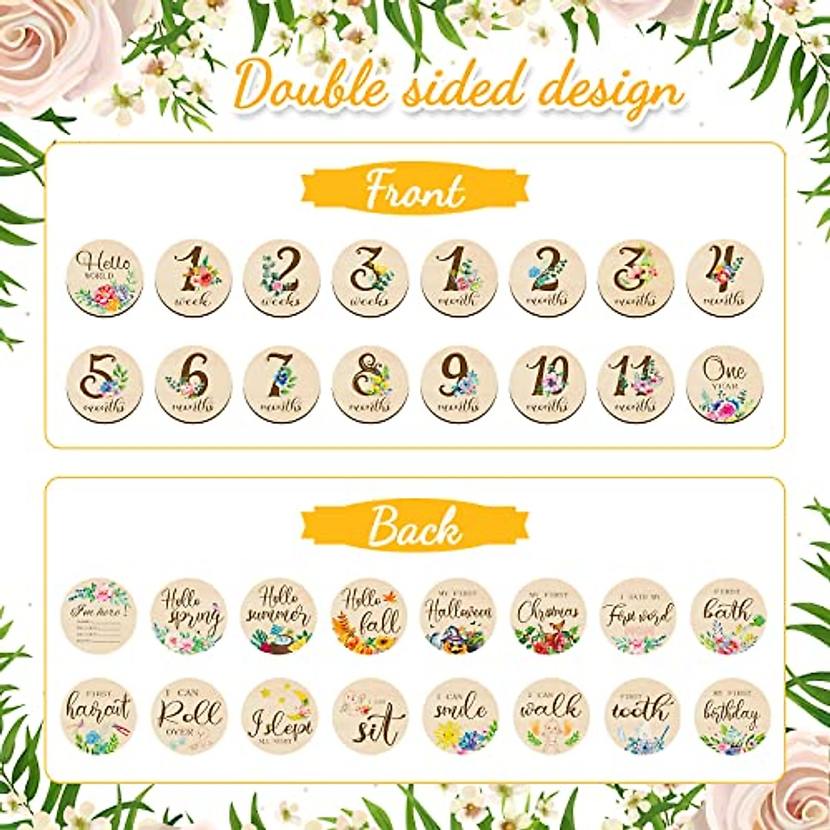 16 Pieces Wooden Baby Monthly Milestone Cards Floral Baby Monthly Milestone Marker Discs Double Sided Monthly Milestone Wooden Circles Baby Months Signs for Baby Shower Newborn Photo Props