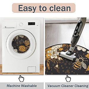 OMFUNS Animal Bee Round Area Rug Bedroom 5.2 Ft, Daisy Floral Circle Floor Mat Non-Slip Washable Accent Throw Rugs Carpet for Living Room Kids Room Nursery Entryway Laundry