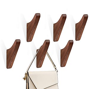 New Wood Wall Hooks 6 Pack Wooden Coat Hooks Natural Solid Black Walnut and Rubber Wood Decorative Wall Hooks for Hanging Coat Towels Hats (Black Walnuts 6PCS)