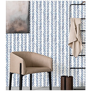 HAOKHOME Boho Peel and Stick Wallpaper Stripe Removable Navy/White Chevron Vinyl Contact Paper Mural for Home Decor 17.7in x 9.8ft