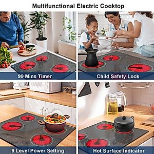 Karinear Electric Cooktop 24 Inch, 4 Burners Built-in Electric StoveTop with Wooden Patterned Surface, Ceramic Cooktop with Child Lock, Timer, Residual Heat Indicator,220-240v Hard Wired,No Plug(LH06)