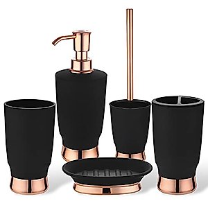 HWBKA 5 Pcs Matte Black Bathroom Accessories Set Complete,Bathroom Soap Dispenser Set with Toothbrush Holder,Toothbrush Cup,Soap Dish, Toilet Brush with Holder