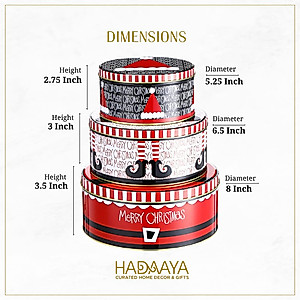 hadaaya Pack of 3 Round Metal Nesting Tins – Stackable Storage Containers with Lids for Kids' Cookies, Candy, Snacks, Crafts & Kitchen – Fun Xmas Elf Hat Design