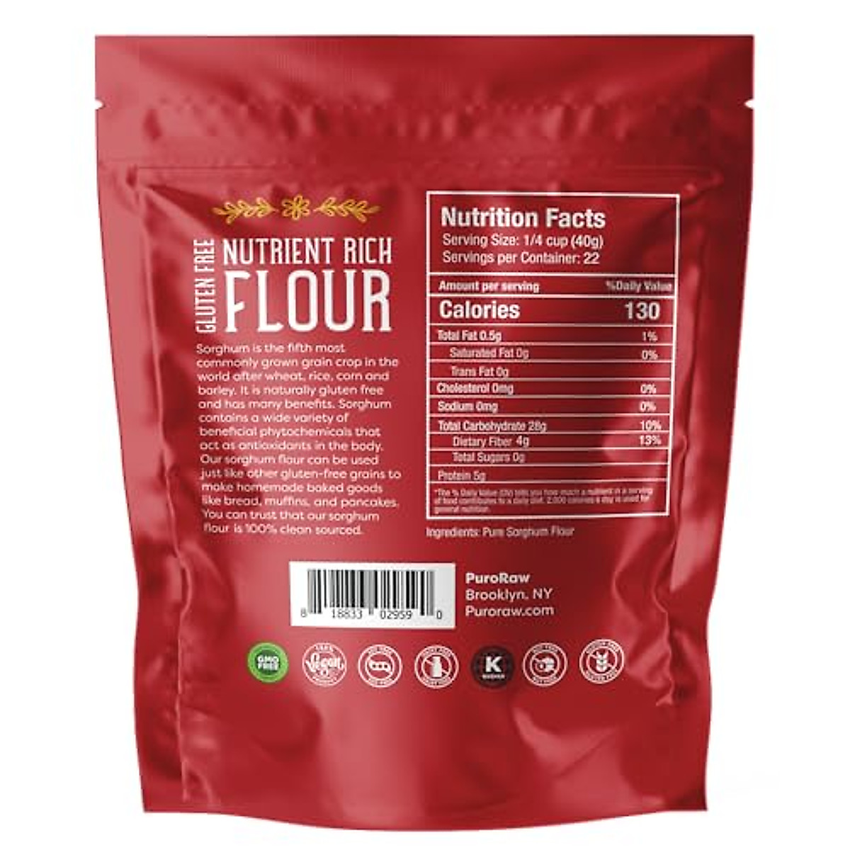Sorghum Flour, 2lbs, Gluten Free flour, Jowar Flour, Sweet White Sorghum Flour Gluten Free, Sweet Sorghum Flour, Whole Grain, All Natural, Batch Tested, Non-GMO, 2 pounds, By PuroRaw.