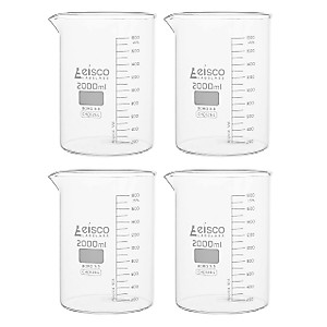 EISCO 4PK Beakers, 2000ml - Low Form with Spout - White, 100ml Graduations - Borosilicate 3.3 Glass