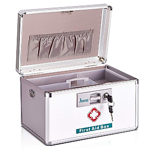Jssmst Locking Medicine Box - New Version First Aid Box Emergency Medicine Case, Non-metal Boxes with Drugs Storage, 13.8 x 8.5 x 8.2 Inches, New(MC14023)