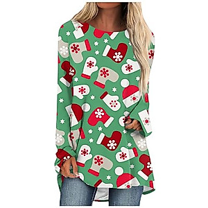Christmas Printed Long Sleeve Shirts for Women Western Tops for Women Plus Size Tunic Tops Plus Size Crewneck Sweatshirt Closure Blouse Dressy Casual Sweatshirts Round Neck Tunic Tops Loose Pullover