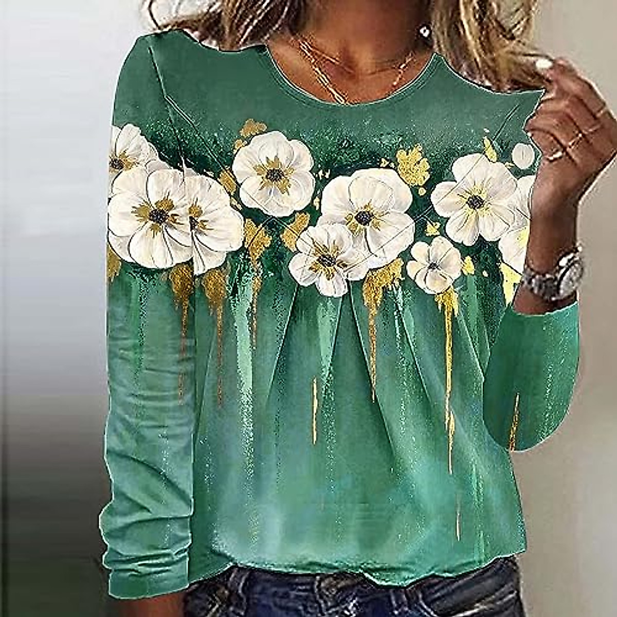 Lightning Deals Womens Business Casual Tops Crewneck Long Sleeve Cute Flower Print Vintage t Shirts Ruched Going Out Casual Tees Green M