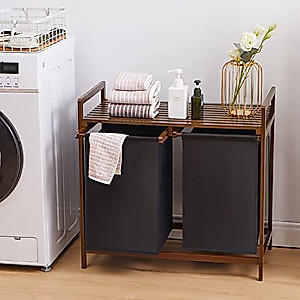 WORTHYEAH Bamboo Laundry Hamper 2 Section Double Landry Organizer Basket with Removable Storage Sorter Bags and Shelf Wooden Dual Laundry Sorter with Sliding Handles Brown