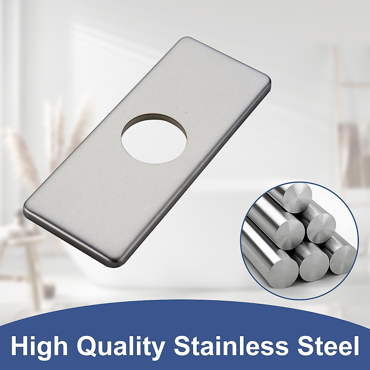 BWE 6” Faucet Cover Escutcheon Brushed Nickel Stainless Steel Deck Plate for Bathroom Sink 1 Hole or 4 Inch 3 Holes Centerset Sink Modern Rectangular Vanity Basin Sink Hole Cover Cap