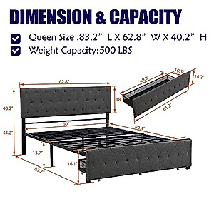 Queen Size Linen Upholstered Platform Bed Frame with a Big Storage Drawer, Modern Fashion Platform Bed with Comfortable Headboard & Metal Slats Support for Bedroom Girls, Easy Assemble (Queen, Gray)