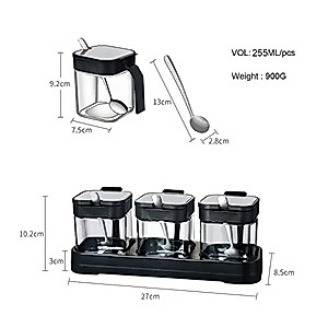 Huangfulie Glass Condiment Jar Spice Container with Lids and Spoons, Square Clear Seasoning Sugar Containers Set with Base, Sugar Pepper Salt Spices Bowl for Kitchen Countertop,3pcs