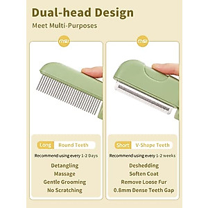 MS!MAKE SURE 2-in-1 Pet Comb, Professional Cat & Dog Grooming Tool, with Dual-Head Design for Safe & Gentle Removal of Tangles/Matted Fur, Shedding - Olive Green