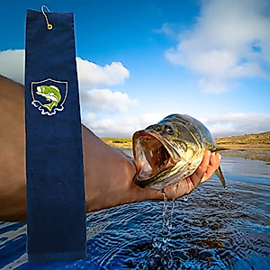 Bass Crest Embroidered Grommeted Tri-Fold Fishing Towel, Personalized (Navy Blue)