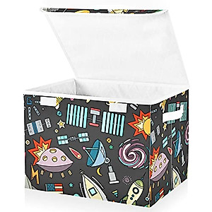 Krafig Abstract Cartoon Space Foldable Storage Box Large Cube Organizer Bins Containers Baskets with Lids Handles for Closet Organization, Shelves, Clothes, Toys