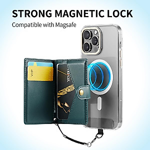ZICISI 4 in 1 Magnetic Wallet with Phone Lanyard,Compatible with Magsafe Wallet with 5 Card Holders for iPhone 15 14 13 12 pro max/Mini/Plus,PU Leather & RFID Blocking,Green
