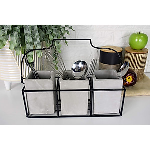 MADECO Kitchen Utensil Holder Set 3 Pieces Cement Utensil Crocks & 1 Portable Wire Caddy - Embossed Design-Organize Your Flatware & Silverware with Ease (Square)