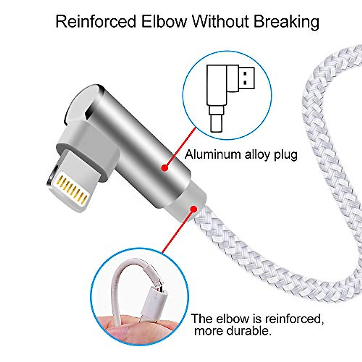 Quickeep Lightning Cable 10ft 90 Degree iPhone Charger 3 Pack Right Angle iPhone Charging Cable Durable Nylon Braided Sync Fast Charger Cord Compatible with iPhone 14/13/12/11/Xs/XR X/8/7 (Silver)