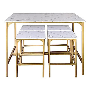 AT-VALY 5-Piece Bar Table Set with 4 Stools,Dining Room Table Set,Small Spaces (Gold & White)