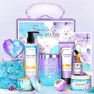 Spa Gifts for Women,Birthday Gifts for Women,Purple Gifts for Women,Gifts for Her Girlfriend Mom Sister,Care Package Gift Set,14Pcs Lavender Scent Home Spa Relaxing Gift Box Basket with Wine Tumbler