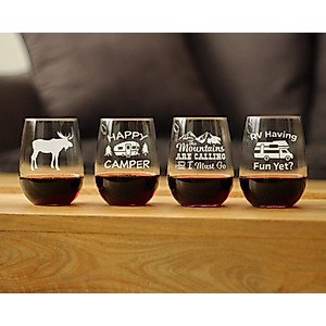 The Mountains Are Calling And I Must Go - Stemless Wine Glass - Fun Mountain Themed Gift or Décor - Large 17 Ounce