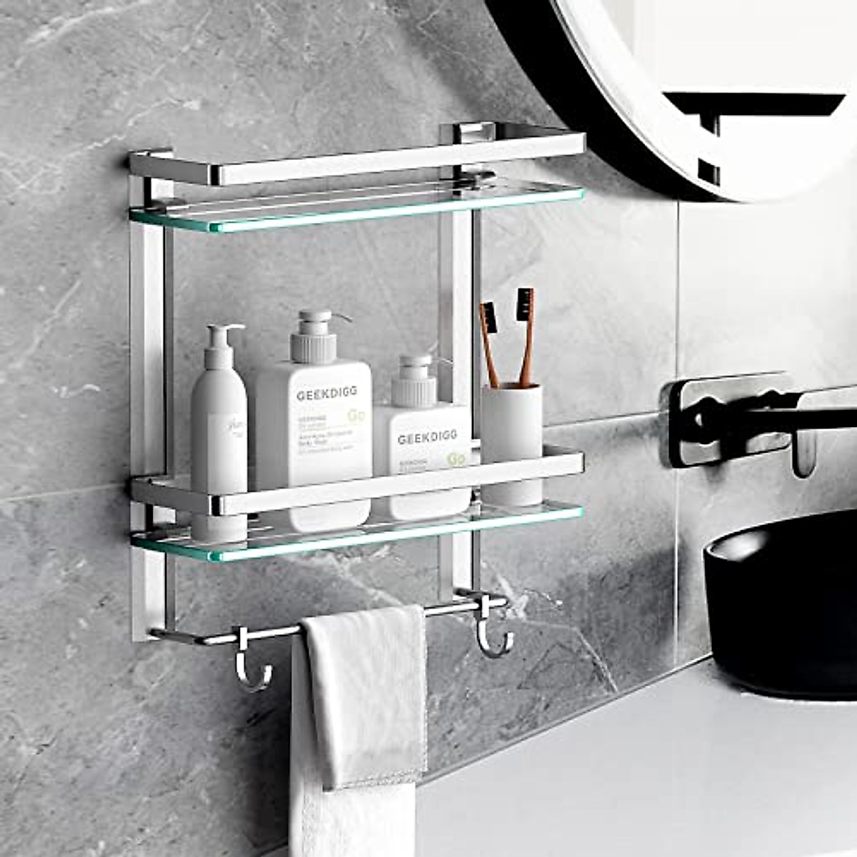 GeekDigg bathroom glass shelf with towel bar, 2 tier wall mounted tempered glass shower storage organizer with 8MM extra thick, 15.2 by 5 inches - Not Brushed Nickel
