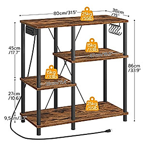 HOOBRO Bakers Rack with Power Outlet, Microwave Stand with 5 S-Shaped Hooks, Coffee Bar, Kitchen Storage Shelf, for Kitchen, Living Room, Rustic Brown and Black BF07UHB01