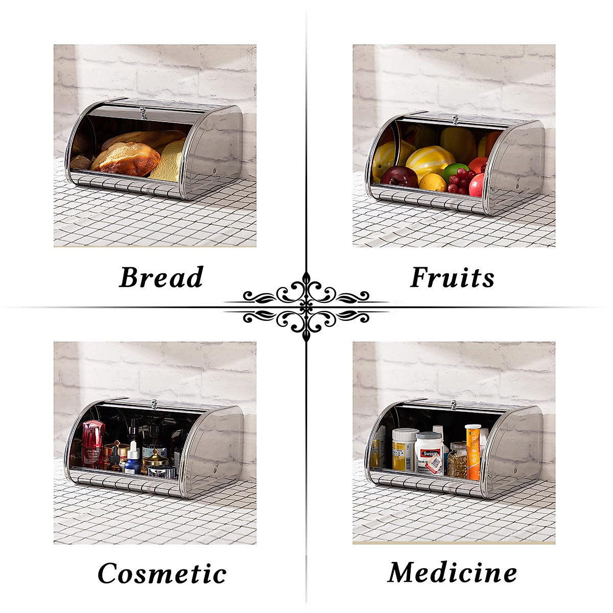 ALIMORDEN Stainless Steel Bread Box/Bin/kitchen Storage Containers with Roll Top Lid for Kitchen Counter Dry Food Storage Container Store Bread Loaf