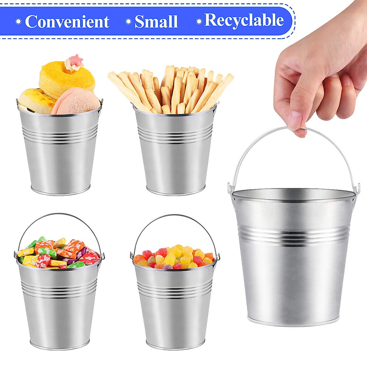 Toyvian Metal Buckets Mini Tinplate Bucket,4 Inch Metallic Pails with Handle for Party Favors, Candy, Votive Candles, Trinkets, Small Plants,12 Pieces