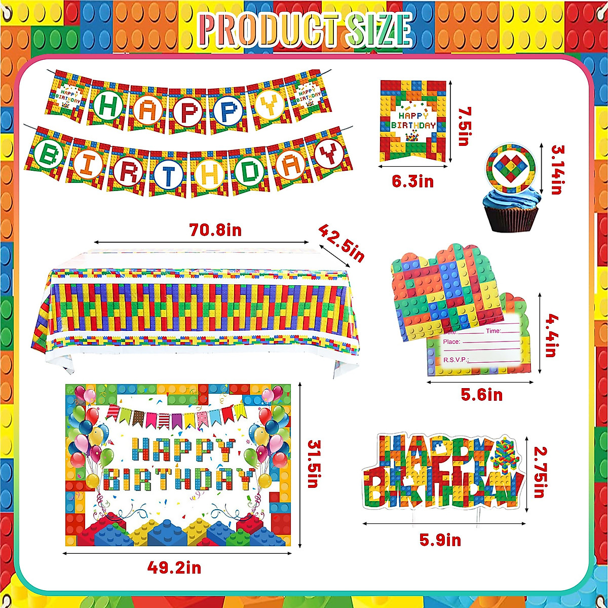179Pcs Building Block Birthday Party Supplies for 10 Guests, Party Decorations Includes Backdrop, Banner, Latex Balloons, Tableware, Cupcake Toppers, Hanging Swirls, Tablecloth, Invitation Cards,