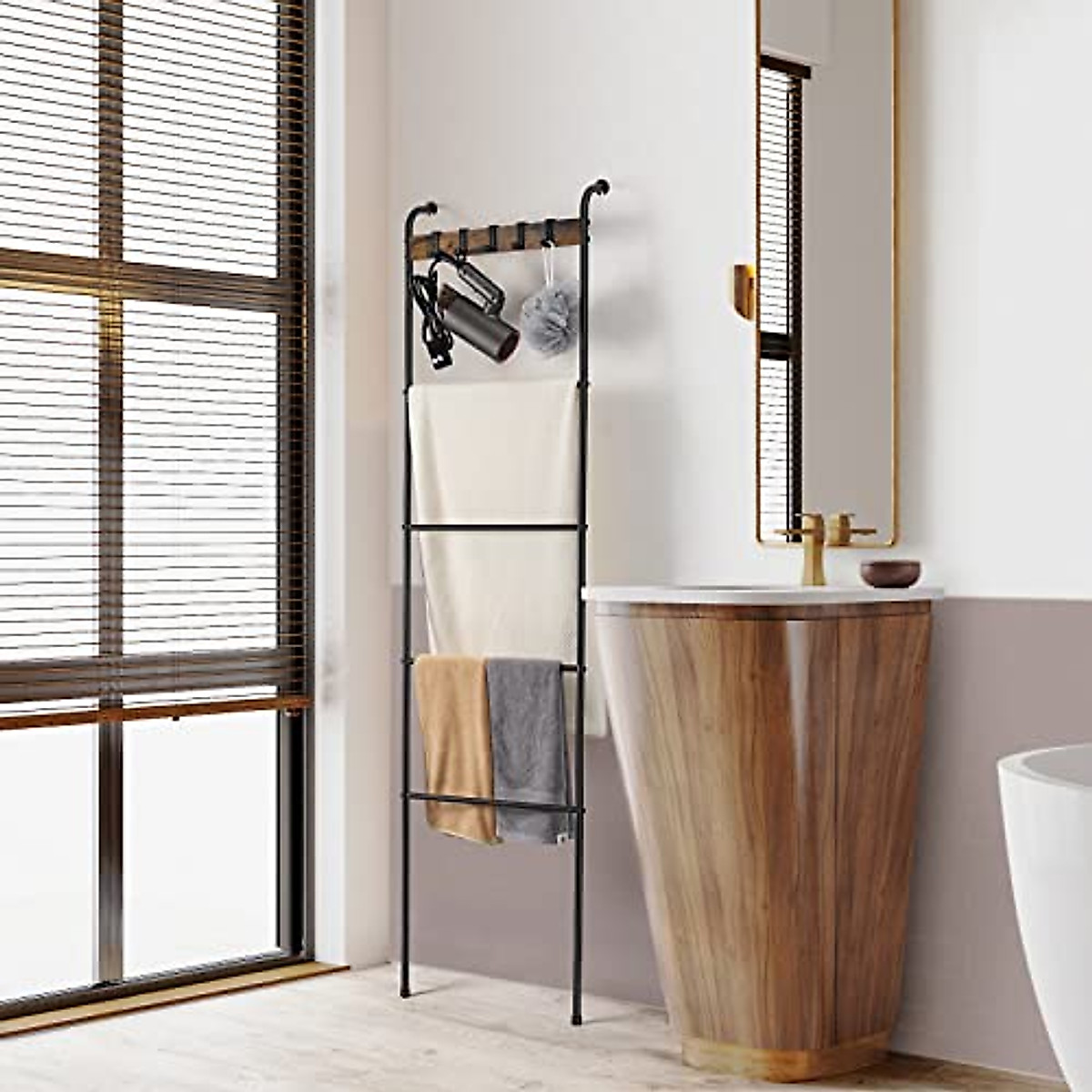 Blanket Ladder Metal Black Blanket Holder with Hooks Leaning Towel Rack Blanket Ladders for The Living Room Bathroom Bedroom (Matte Black)