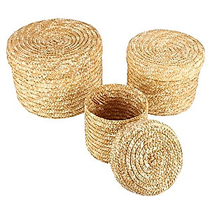 RASe 3 Pcs/Set Handmade Straw Woven Storage Basket with Lid Organizer Storage Box Laundry Baskets Rattan Storage