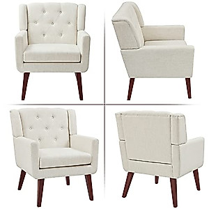 Accent Chair Button-Tufted Upholstered Living Room Chairs Comfy Reading Chair Mid Century Modern Chair with Linen Fabric Lounge Arm Chairs for Living Room Bedroom (Beige)