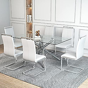 Ebullient 63" Glass Dining Table Set for 6 Modern Tempered Glass Top Dining Room Table with 6 Pcs White Faux Leather Dining Chairs，Kitchen & Dining Room Sets (Silver Base, White)