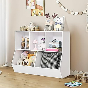 Iwell Toy Storage Cabinet with 3 Drawers, Kids Bookshelf, Kids Toy Organizer, 8 Cubicles, Bookcase Footboard, Bookshelf for Kids, for Playroom, Bedroom, Nursery, School, White