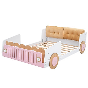 MiHunnor Kids Race Car Bed Fun Play Design, Full Size Car-Shaped Platform Bed with Wheels, Wooden Low Platform Bed with Shelves on The Footboard for Kids Boys Girls Teens, No Box Spring Needed