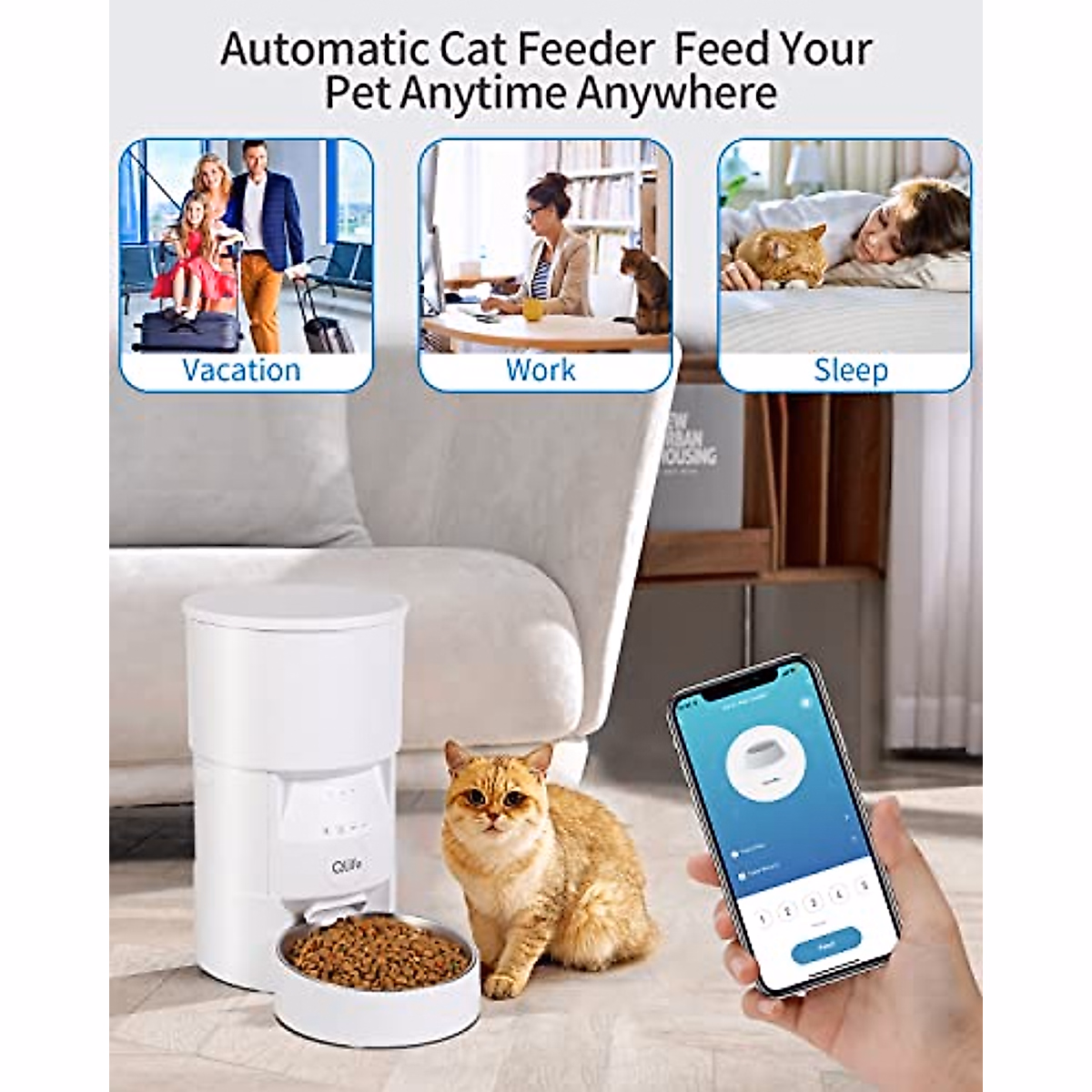QLIFE Automatic Cat Dog Feeder: Dry Food Dispenser for Dog, Auto Pet Feeder, Portion Control Automatic Dog Feeder (White WiFi, 3L)