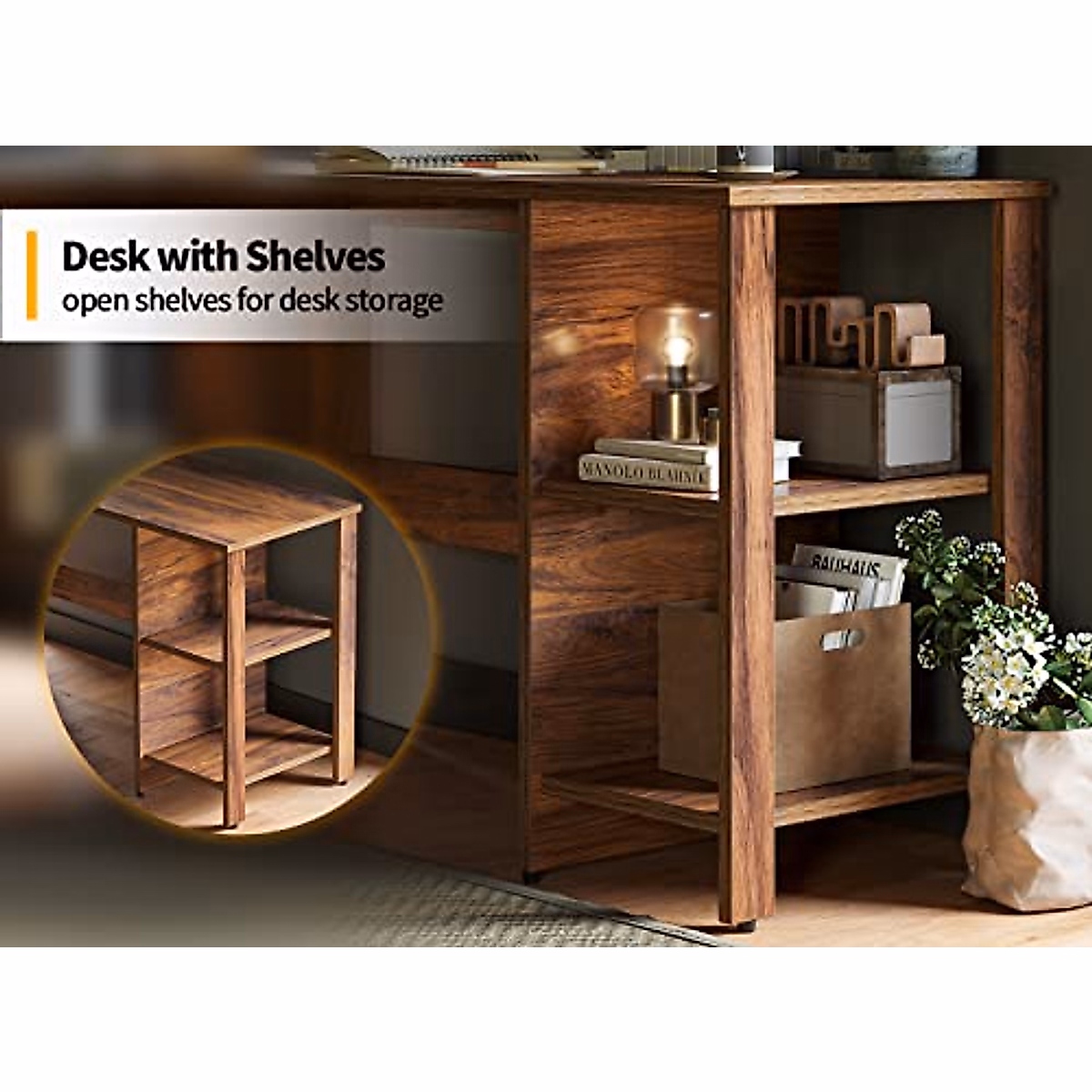 CubiCubi L Shaped Desk, 58.3 Inch Corner Computer Desk with Storage Shelves, Home Office Workstation for Study or Working, Deep Brown