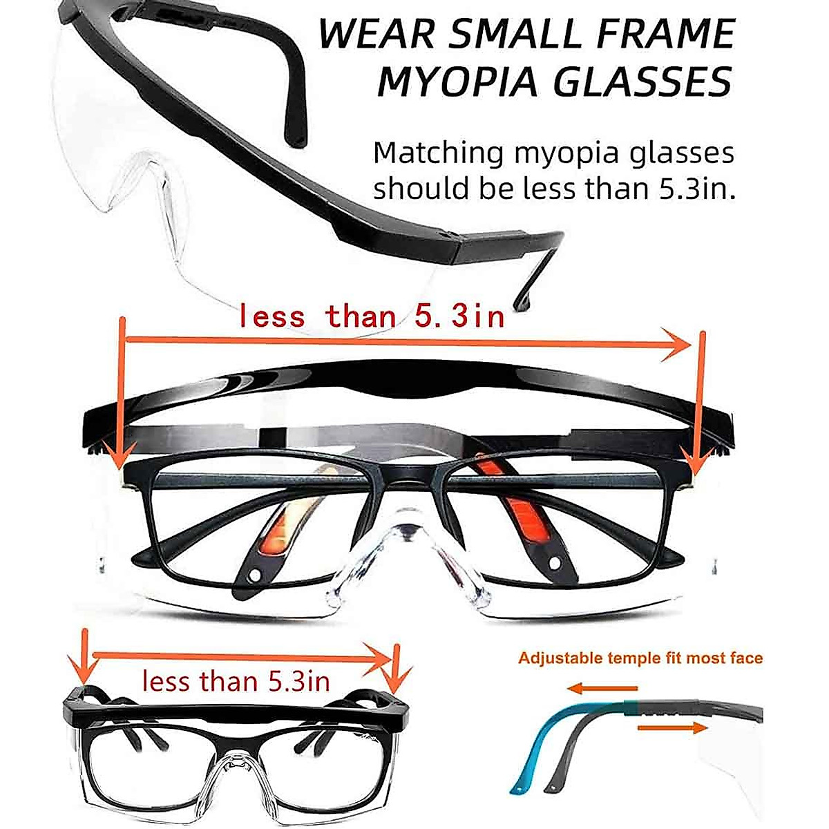 5 PACK Safety Glasses Safety Goggles for Men Women Clear Z87 Anti-fog Wide Vision Safety Glasses Over 5.3'' Eyeglasses, UV 400 Blocking Protection Eyewear Adjustable Temples Eye Shied for Nurse