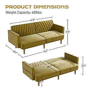 OUYESSIR Futon Sofa Bed, Convertible Sleeper Sofa with Wood Legs, 75.3“ Splitback Sofa with 2 Pillows, Velvet Futon Couch for Living Room (Olive Green)