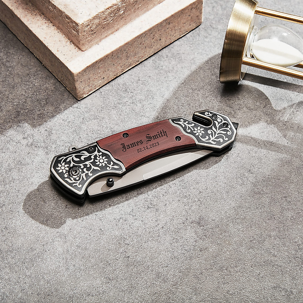 Personalized Engraved Pocket Folding Knife for Boyfriend Husband Dad Son - Valentines Birthday Christmas Anniversary Fathers Day Graduation Gift - Custom Men Fishing Hunting Knives with Wood Box