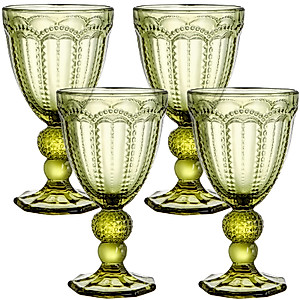 Elsjoy Set of 4 Vintage Green Wine Glass, 8.5 Oz Embossed Glass Goblet Colored Stemmed Drinking Glassware, Beverage Stemware for Juice, Cocktail, Party Wedding
