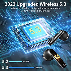 Wireless Earbud, Bluetooth 5.3 Headphones Deep Bass Stereo Bluetooth Earbud with HD Mic, Wireless Headphones in Ear Dual LED Display, IP7 Waterproof, USB-C Charging Case, 40H Playtime Ear Buds [2022]
