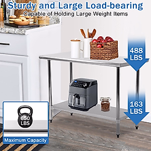 Hudada 24inch x 60inch Stainless Steel Kitchen Work Table Food Prep Table NSF Commercial Worktable Adjustable Table Foot Duty Metal Table Scratch Resistent Antirust Restaurant Kitchen, 24 x 60 inch