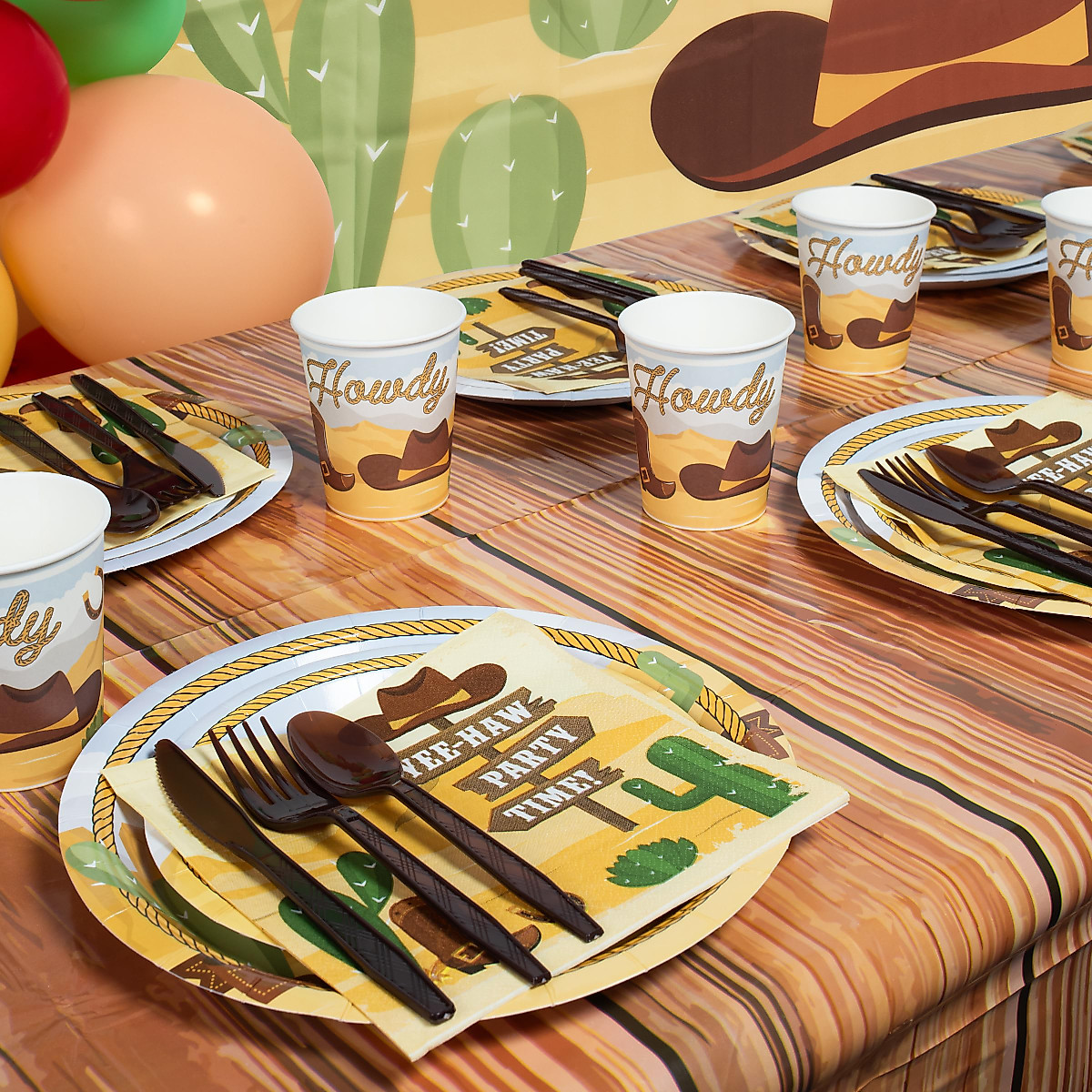 All-in-One 357 Pc Western Party Decorations (Serves 24) Rodeo Party Supplies with Plates, Cups, Napkins, Tablecloth, Balloons, Cake and Cupcake Topper and More Cowboy Birthday Decorations