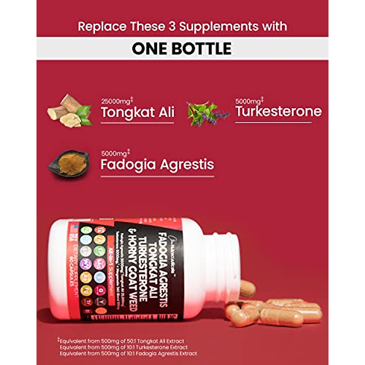 Fadogia Agrestis 5000mg Tongkat Ali 25000mg Turkesterone 5000mg Supplement with Horny Goat Weed, Saw Palmetto, Maca Root, Siberian Ginseng, Tribulus Terrestris, Fenugreek, Wild Yam USA - 60 Count