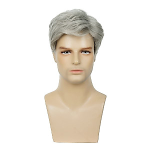 Baruisi Men Wigs Short Silver Gray Wig Synthetic Heat Resistant Natural Halloween Cosplay Hair Wig