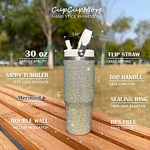 Cupcupmore Bling Mermaid Rhinestone Stainless Steel Tumbler 30oz Vacuum Insulated Water Bottle with Flip Straw & Lid &Handle, Leakproof Thermos Keeps Cold 12 Hours for Home, Office, Car, Gym, Travel